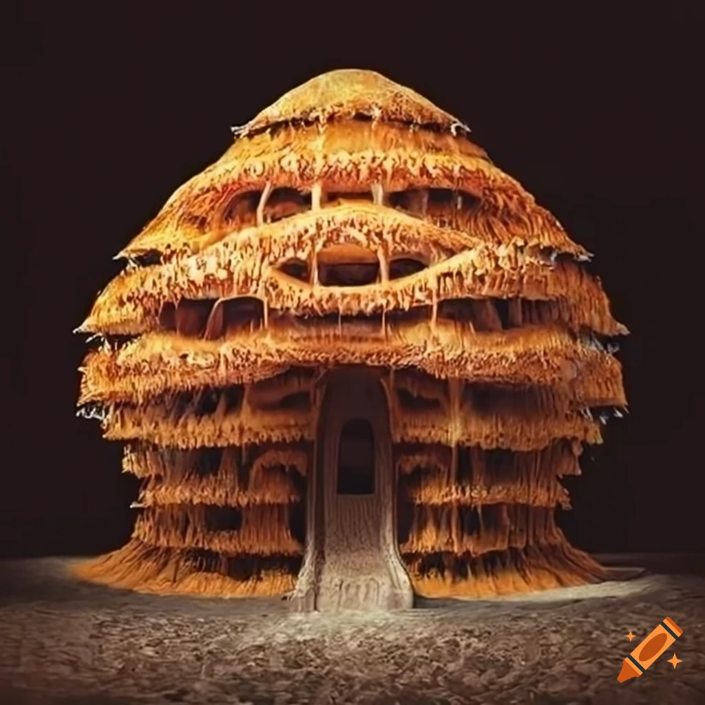 Illustration of a majestic and surreal cabin-like structure on Craiyon