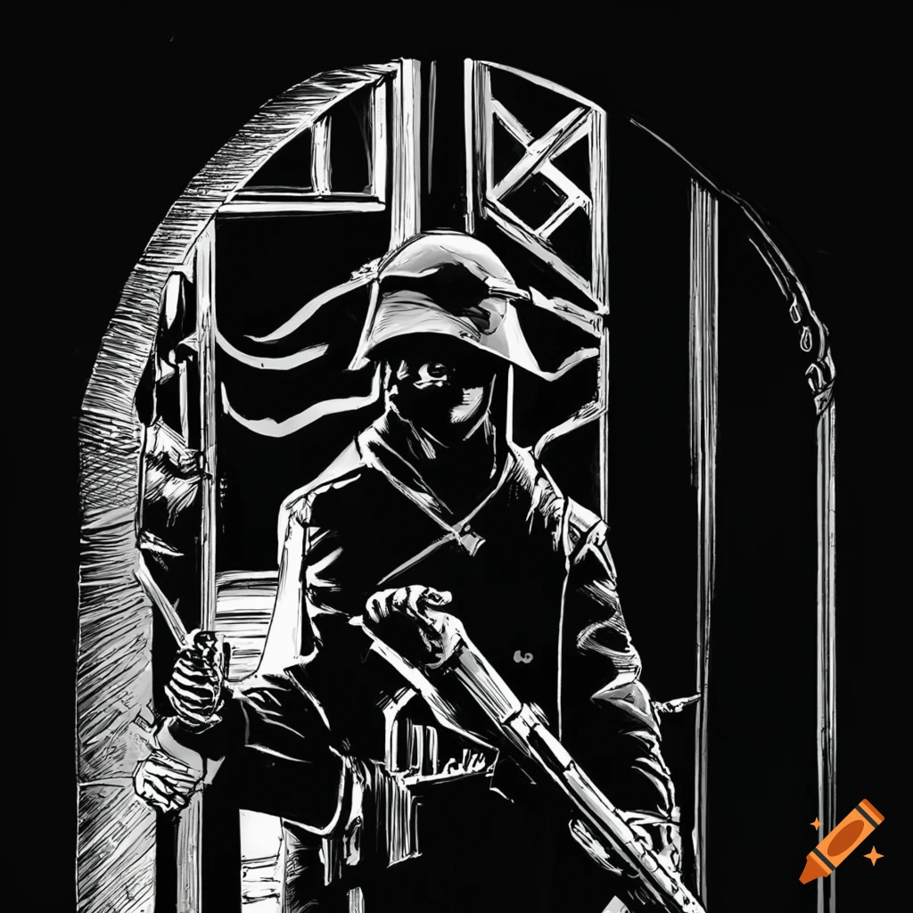 Black and white comic art of a German soldier guarding a door on Craiyon