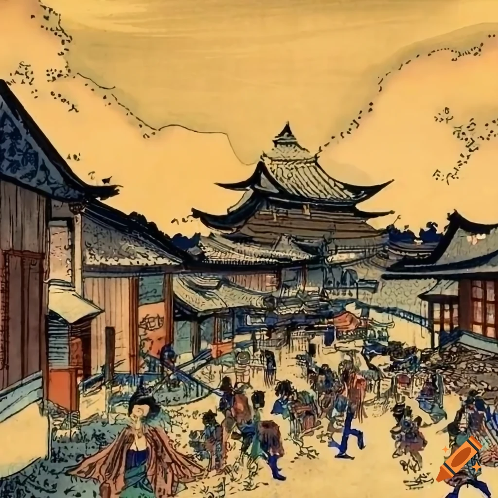 Ukiyo-e illustration of a young muscular samurai in an ancient town with vibrant sky on Craiyon