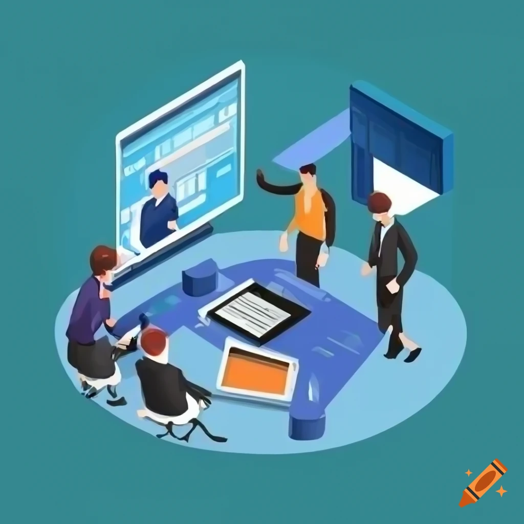 Blue-themed isometric illustration of team members having a standing ...