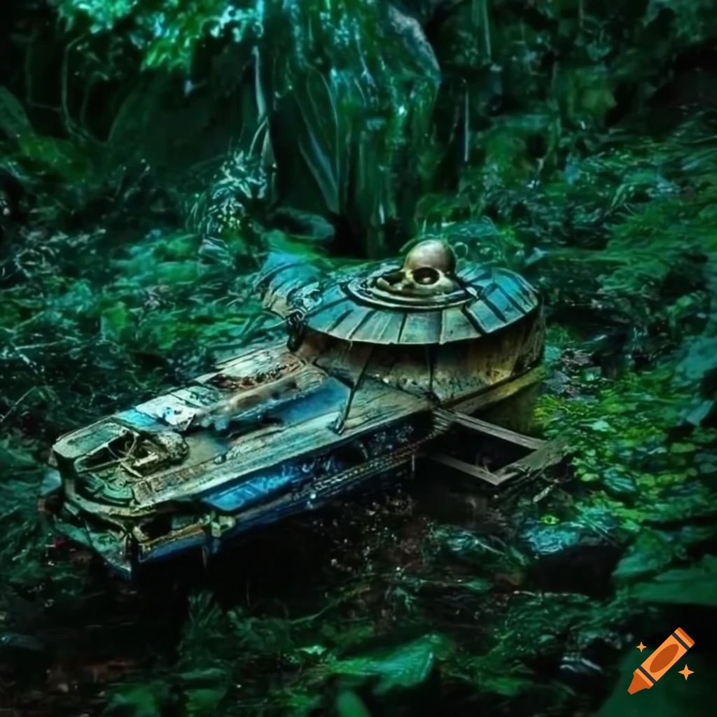 Abandoned high-tech spaceship in a jungle on Craiyon