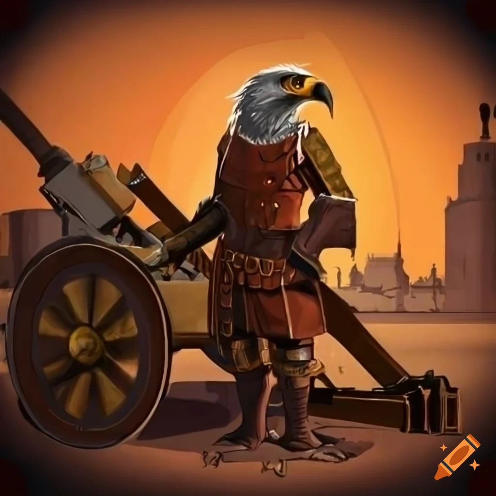 Anthropomorphic eagle in leather armor with a crossbow and cannon on ...