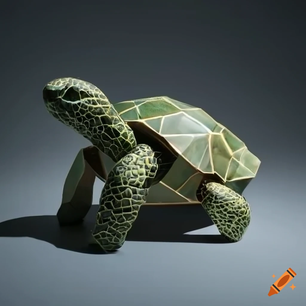 Geometric sculpture of a tortoise in polished light marble on Craiyon