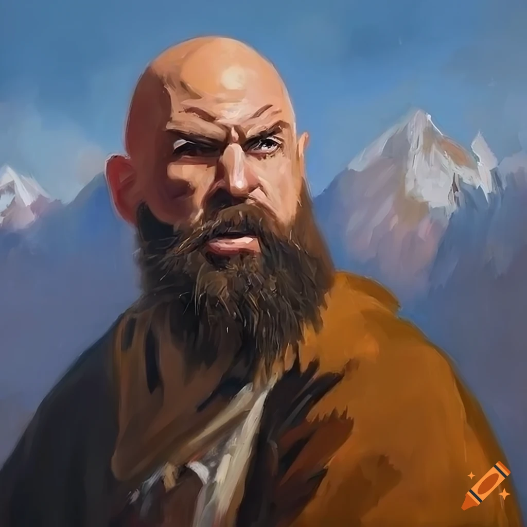 Oil painting of an angry monk on a mountain peak on Craiyon
