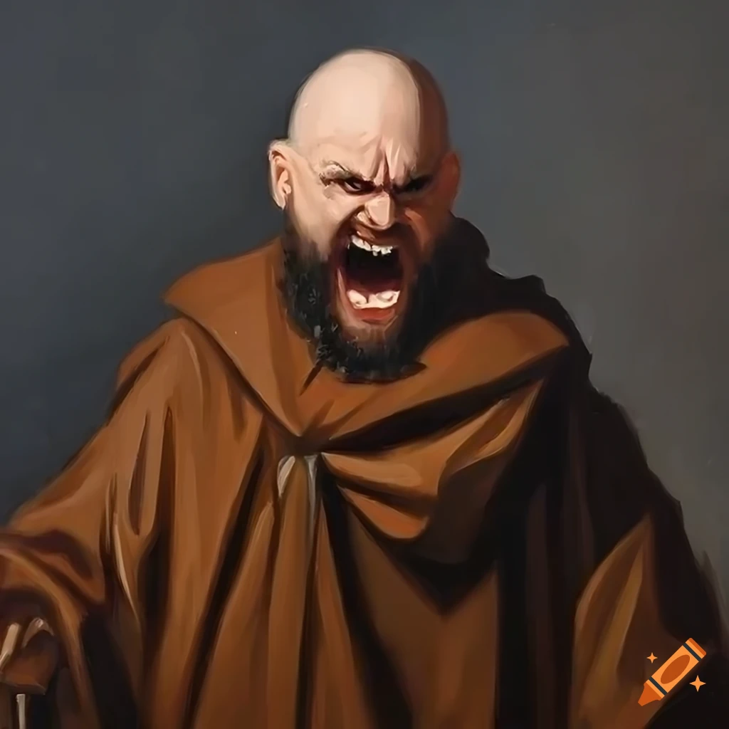 Realistic oil painting of an angry monk in the mountains on Craiyon