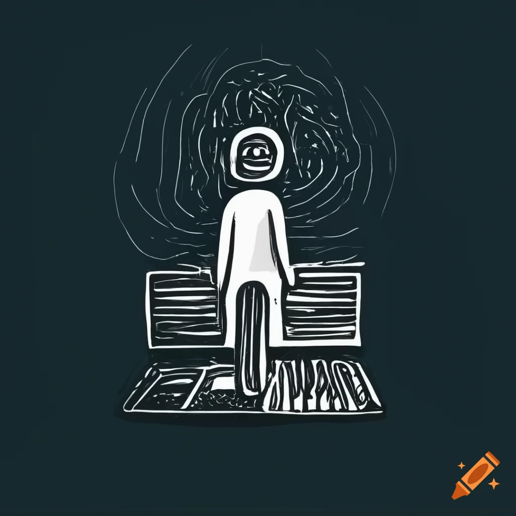Minimal black and white doodle of a person using a computer on Craiyon