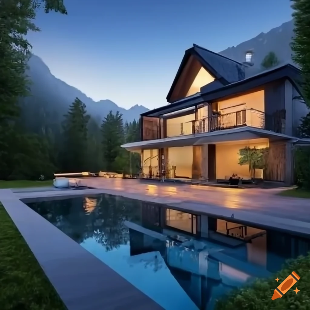 Intérieur view of realistic villa in nature with mountains view on Craiyon