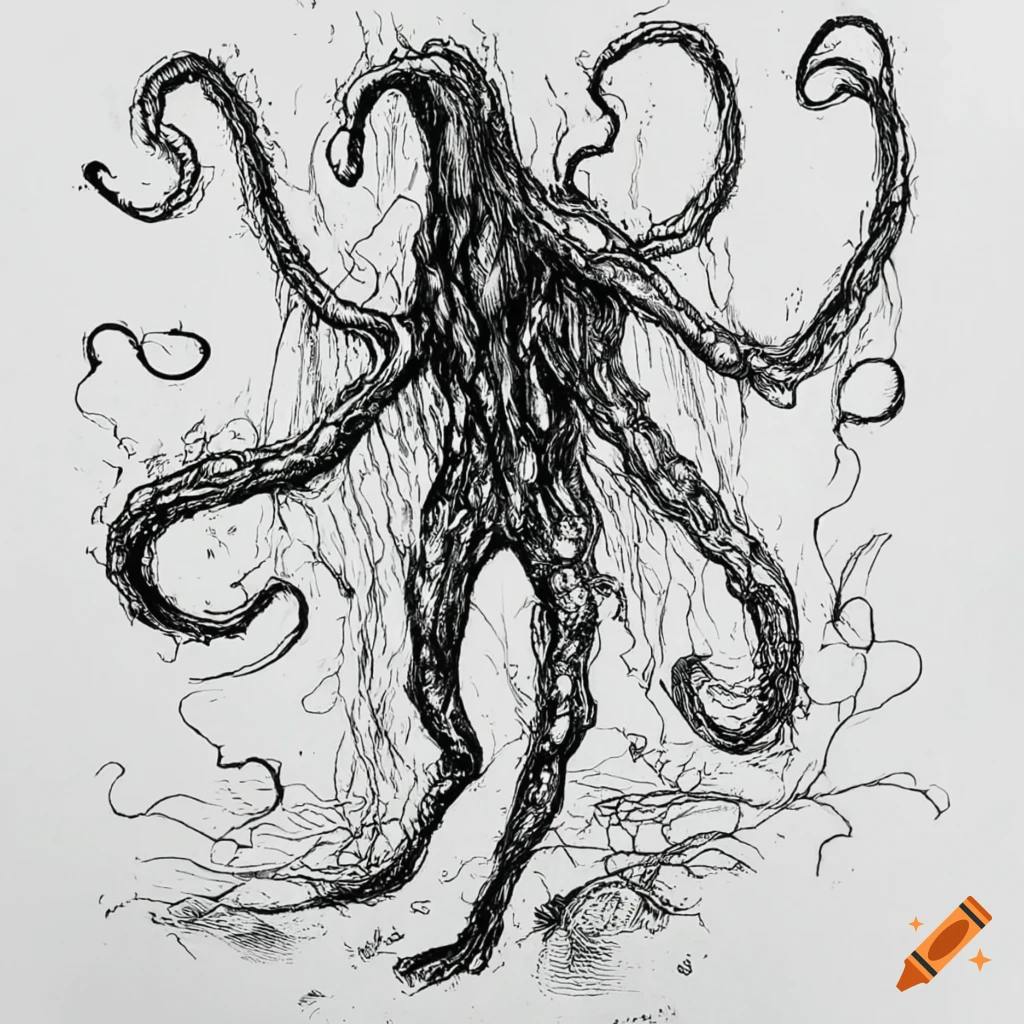 Detailed etching of a Lovecraftian faceless monster on Craiyon