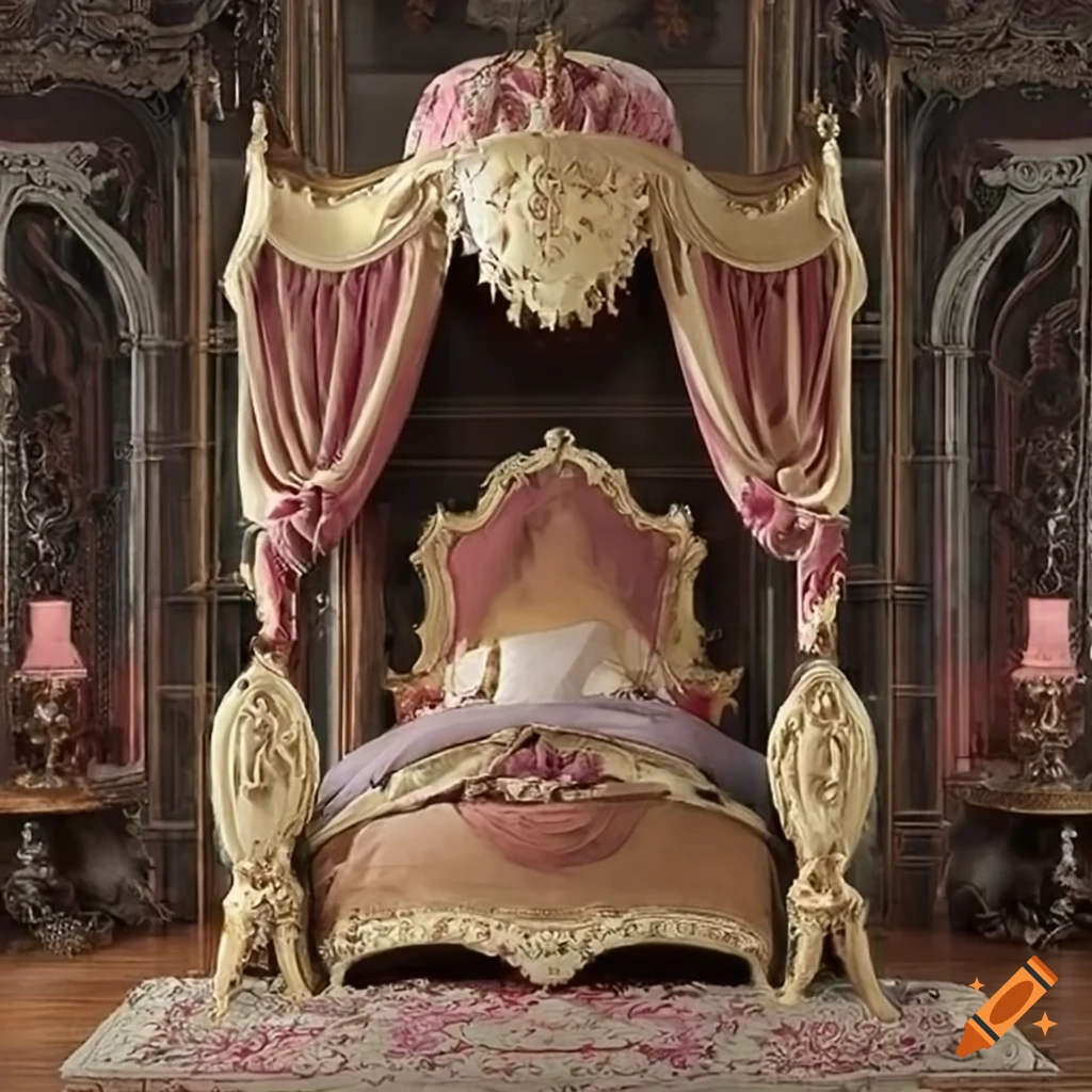 Elegant rococo princess bedroom with a draped bed on Craiyon