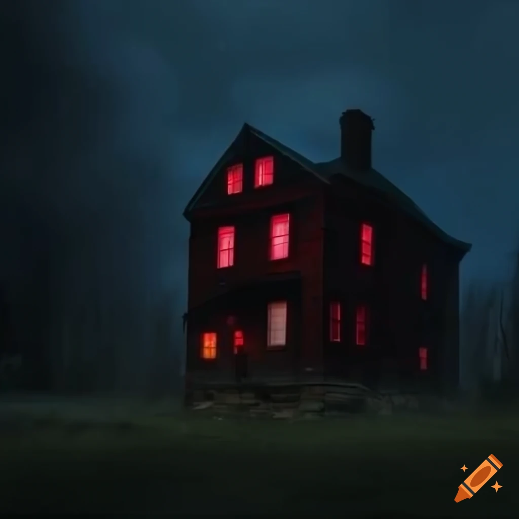 Creepy house with red light shining from windows on Craiyon