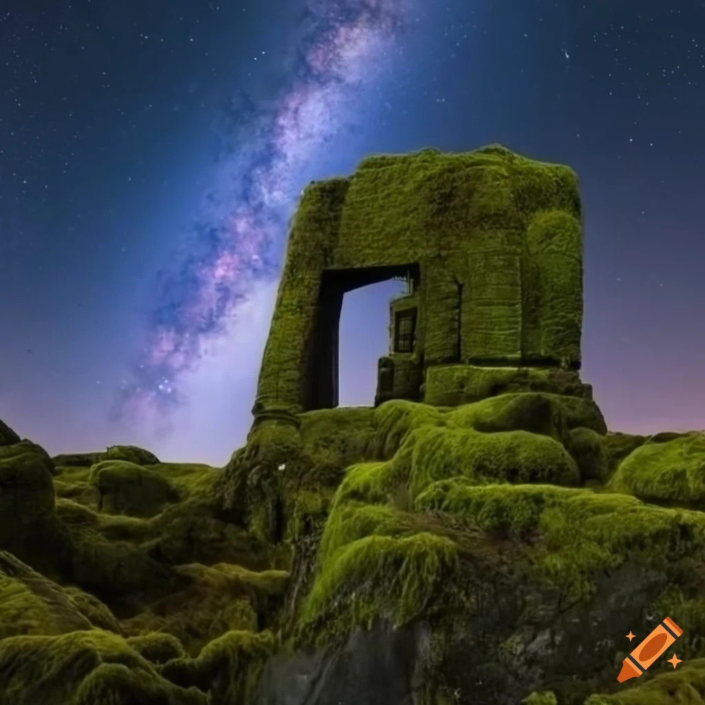 Moss-covered toltec ruins under the milky way