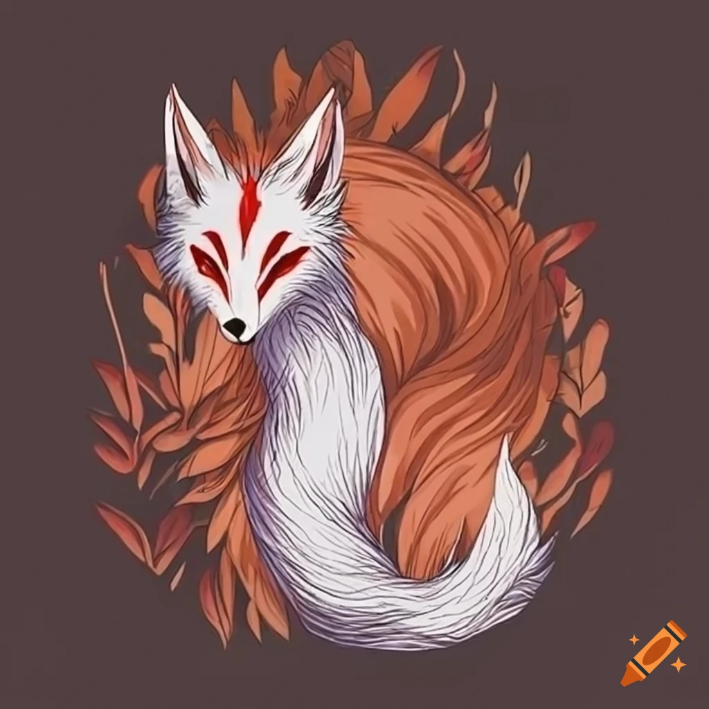 Illustration of a kitsune nine tail fox on Craiyon