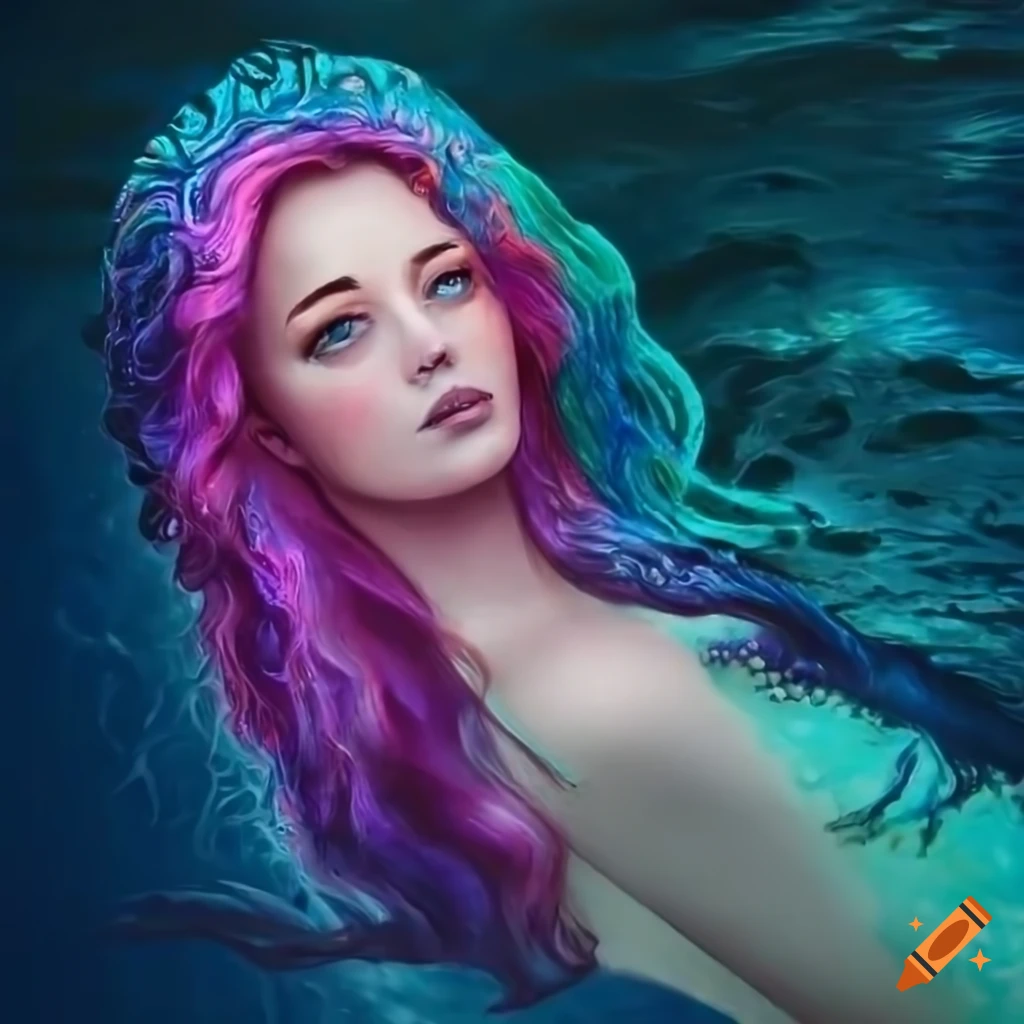 Vividly colored detailed portrait of a mermaid