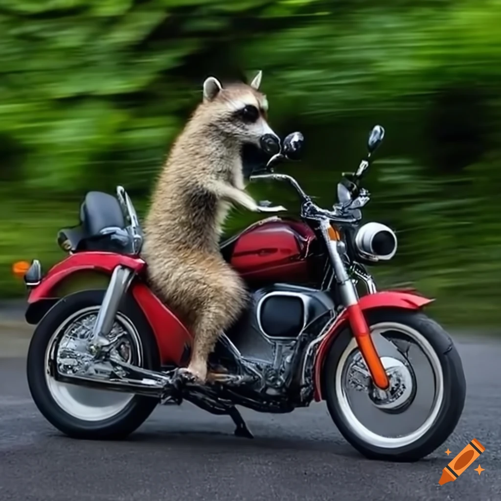 Illustration of a cool raccoon riding a motorcycle on Craiyon