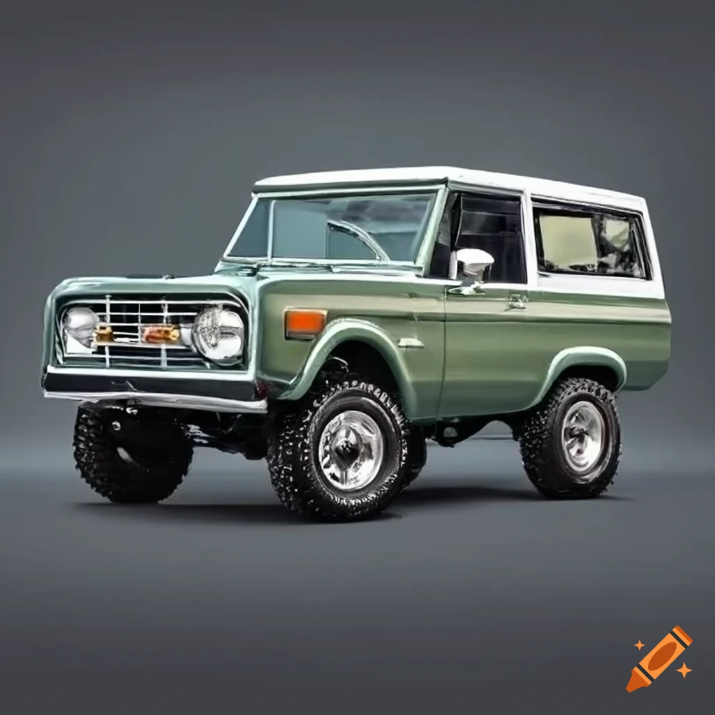 1973 Ford Bronco in off-road setting with green metallic color on Craiyon
