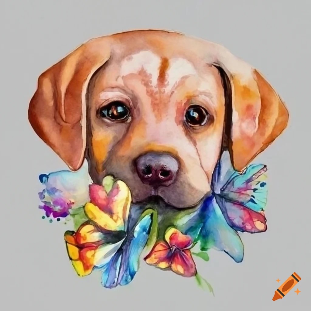 Watercolor painting of a Labrador puppy with flowers and butterflies on ...