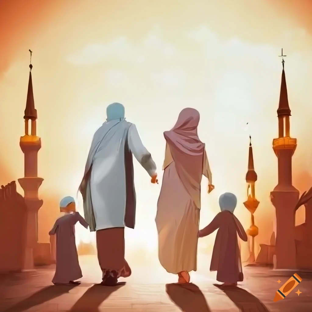 Rear view of a Muslim family going to the mosque on Craiyon