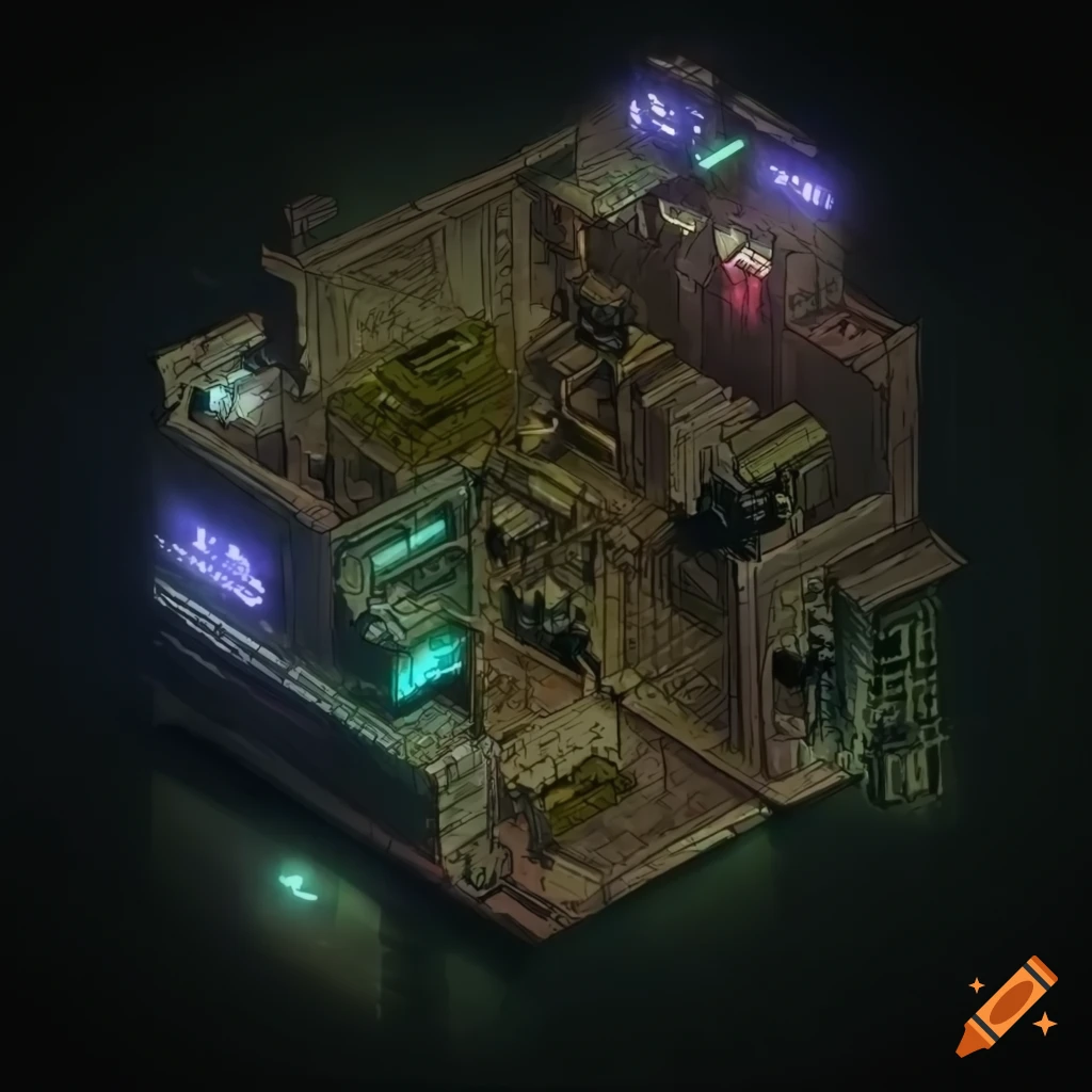 Isometric view of a cyberpunk post-apocalyptic war-gaming map on Craiyon