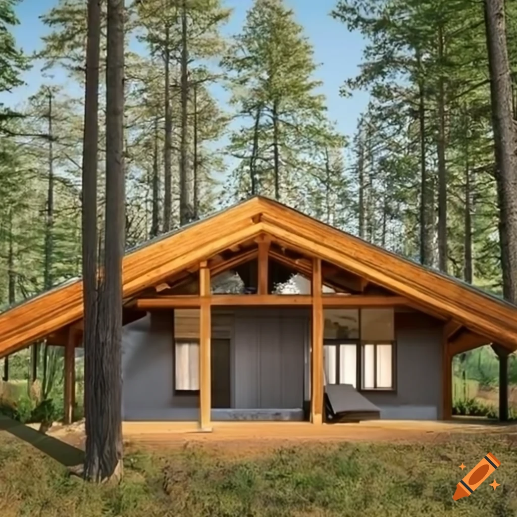 Photorealistic image of a timber frame A-frame cabin in the forest on ...