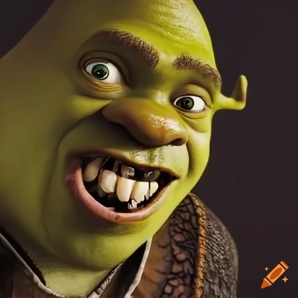 Shrek showing his teeth to an egg delivery man on Craiyon