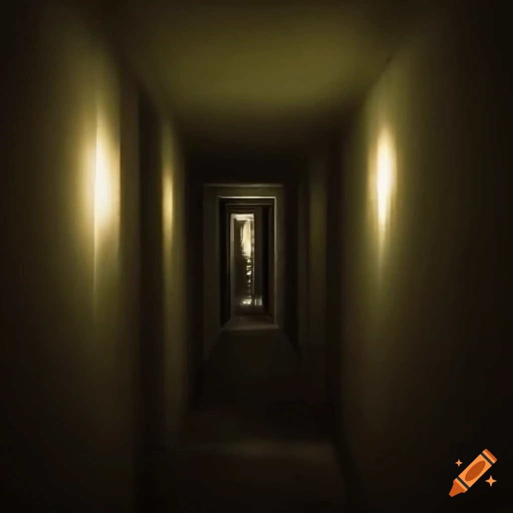Dark hallway with flickering lights and mysterious shadows on Craiyon