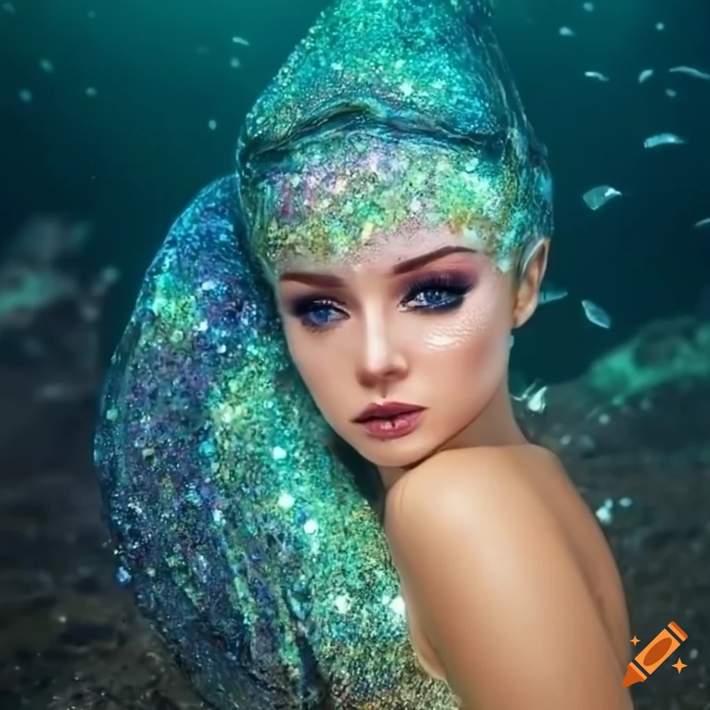 Portrait of a vibrant mermaid with glitter makeup on Craiyon