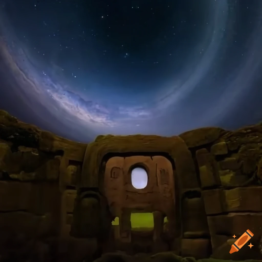 Moss-covered ruins with a cosmic background on Craiyon