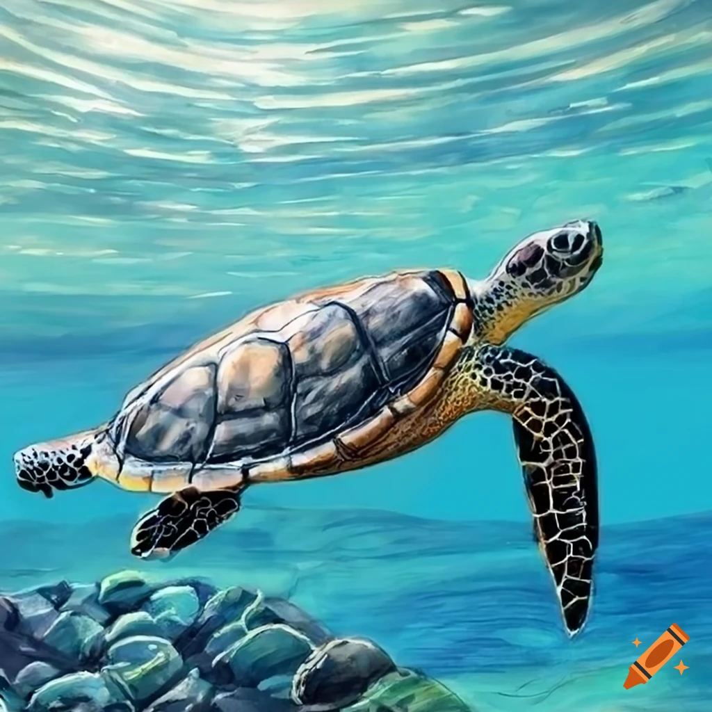 Pencil drawing of a sea turtle on Poipu Beach on Craiyon