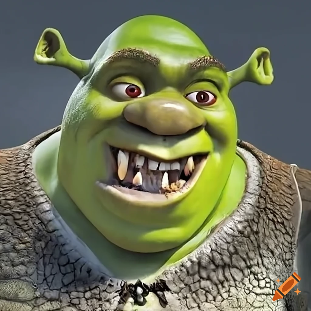 Shrek baring his teeth at a delivery man on Craiyon
