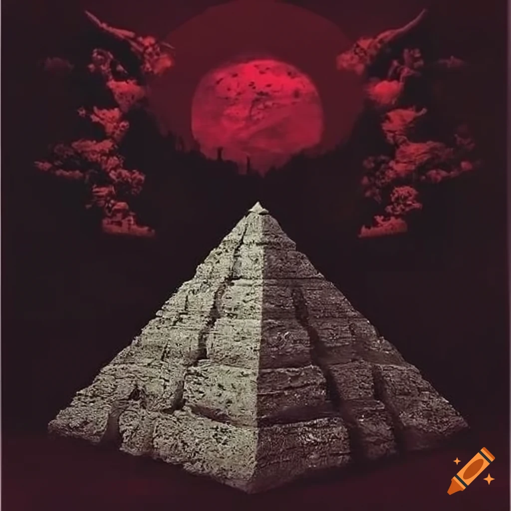Album cover of a black pyramid with dark imagery on Craiyon