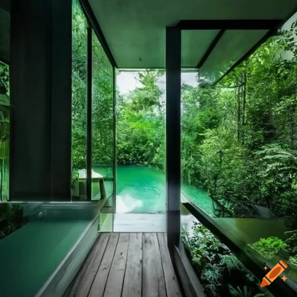 Modern glass house in the middle of lush jungle on Craiyon