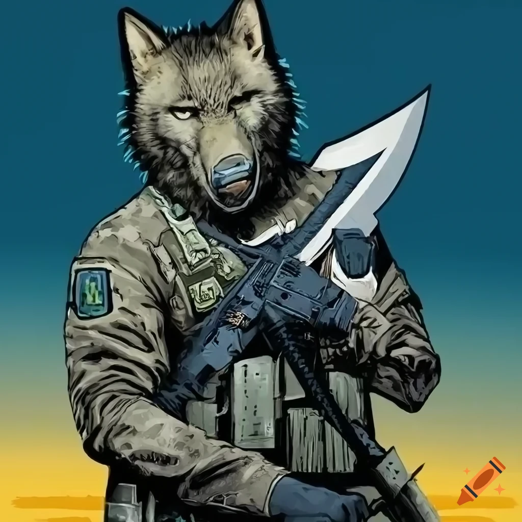 Detailed propaganda poster of a powerful wolf in military attire on Craiyon