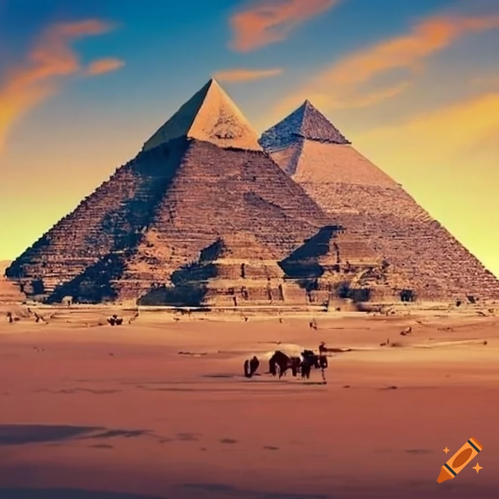 View of Egyptian Pyramids with ancient people on Craiyon