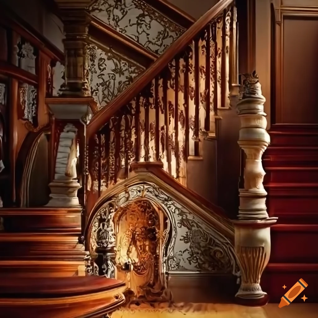 Elegant victorian staircase with ornate details on Craiyon