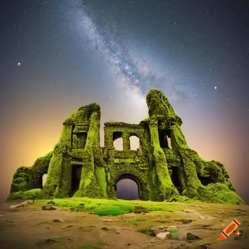Moss-covered ancient ruins under the milky way
