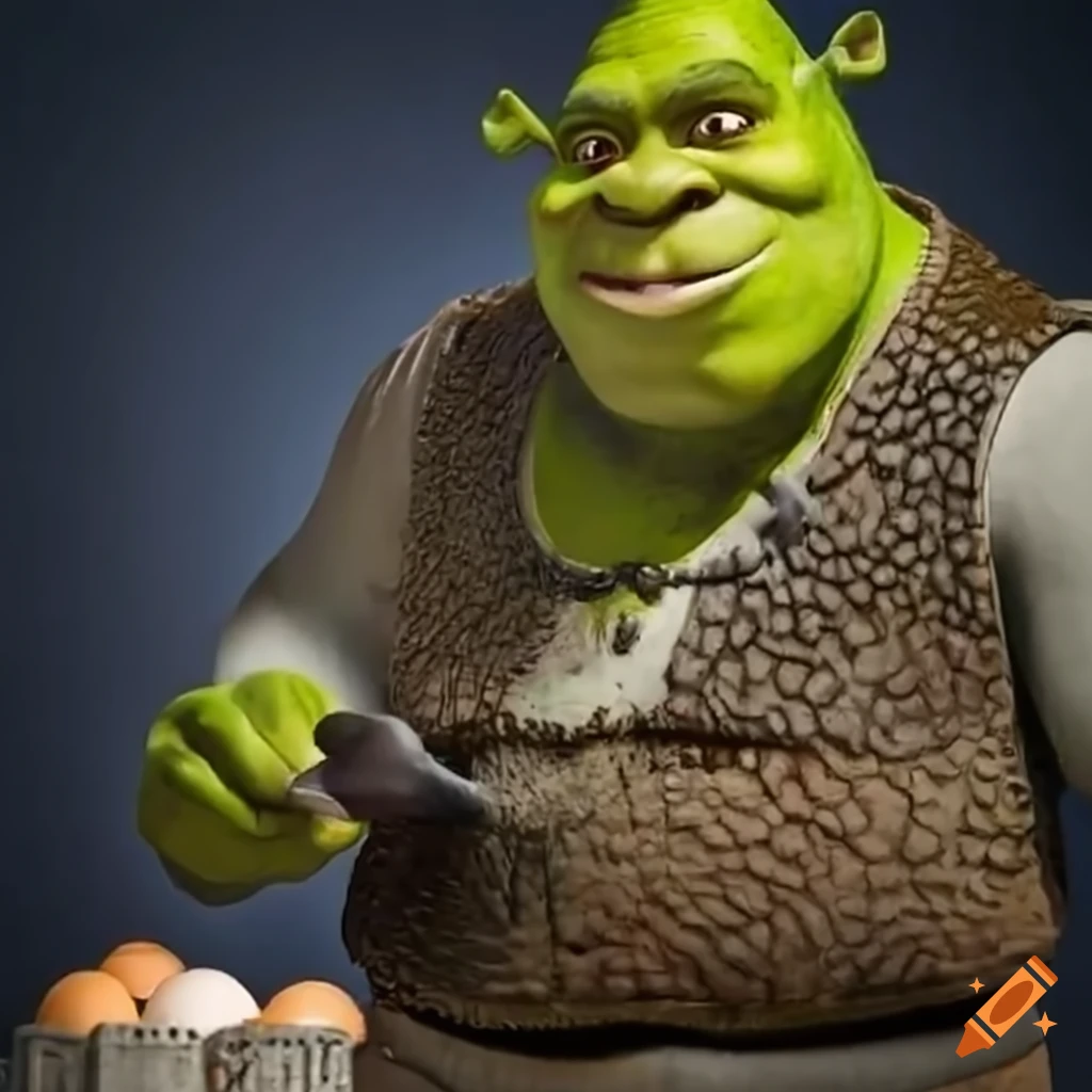 Shrek showing teeth to an egg delivery man on Craiyon
