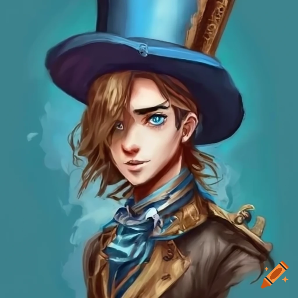 Steampunk character with blue top hat and cloak on Craiyon