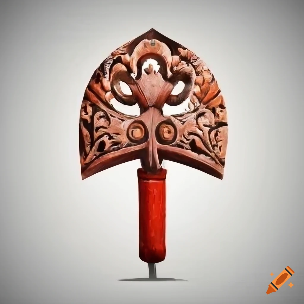 Red garden hoe with ornate carved autumn designs on Craiyon