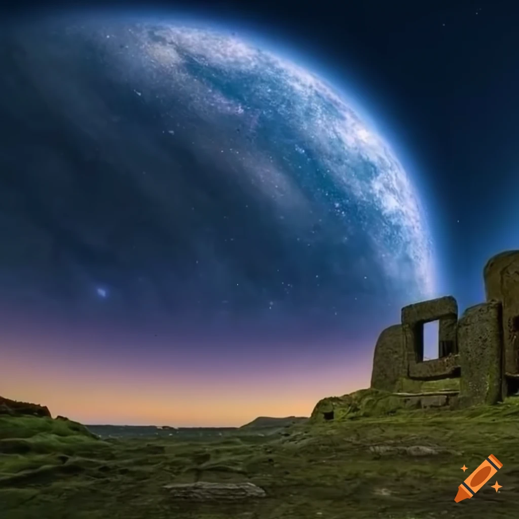 Moss-covered ruins with a cosmic background on Craiyon