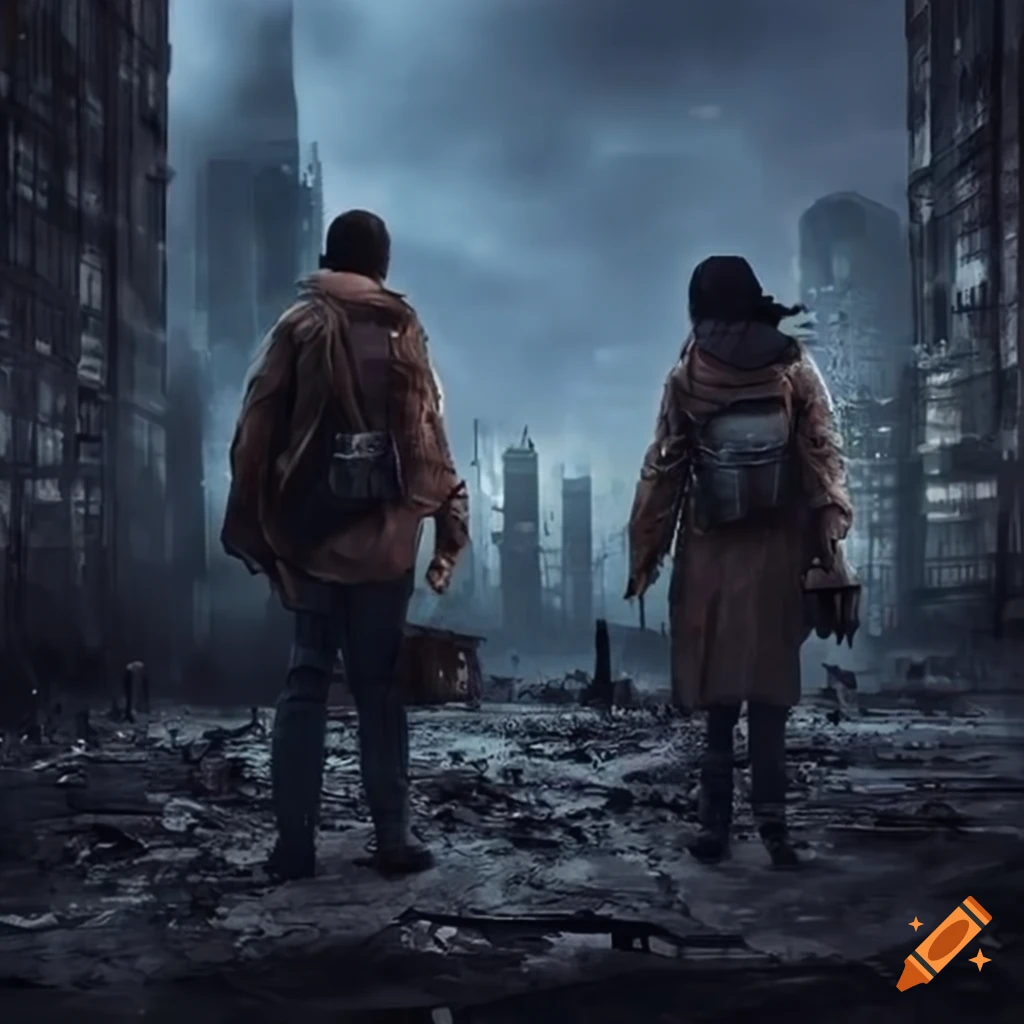 Image of two people in a post-apocalyptic city on Craiyon