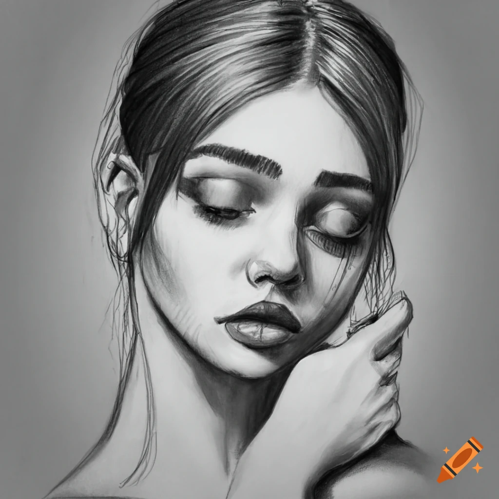 Detailed pencil sketch of a young woman with a submissive expression on ...