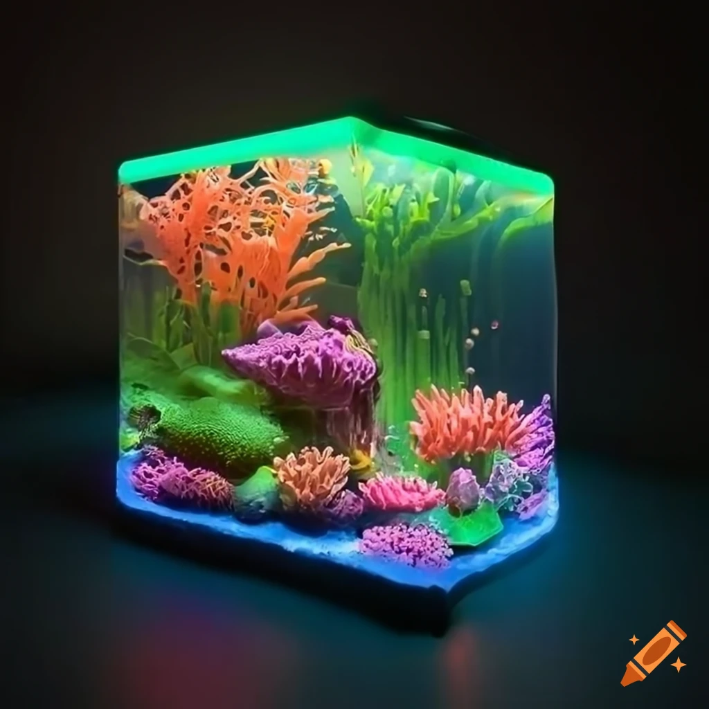 Neon 90's isometric fish tank with seaweed and coral on Craiyon
