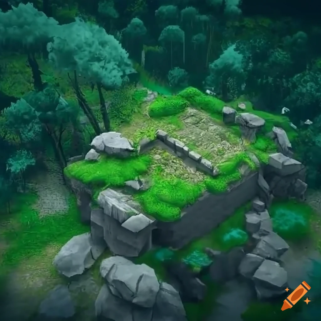 Overhead view of a moss-covered stone ruins in a fantasy forest on Craiyon
