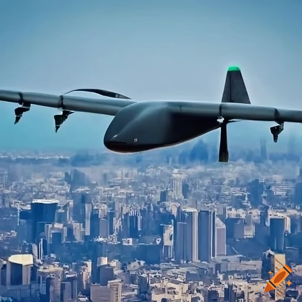 Photo of an american bomber drone flying over a city on Craiyon