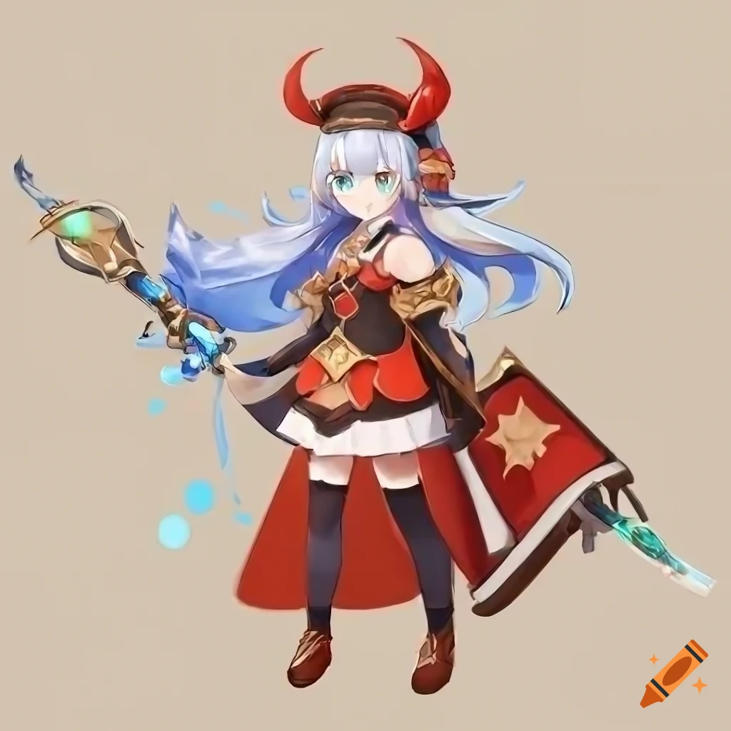 Detailed character design with blue theme and polearm weapon on Craiyon