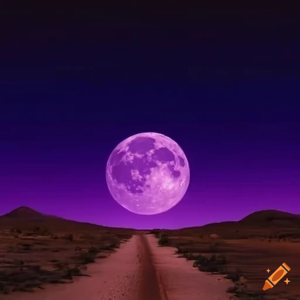 Purple moon over a solitary road in the desert on Craiyon