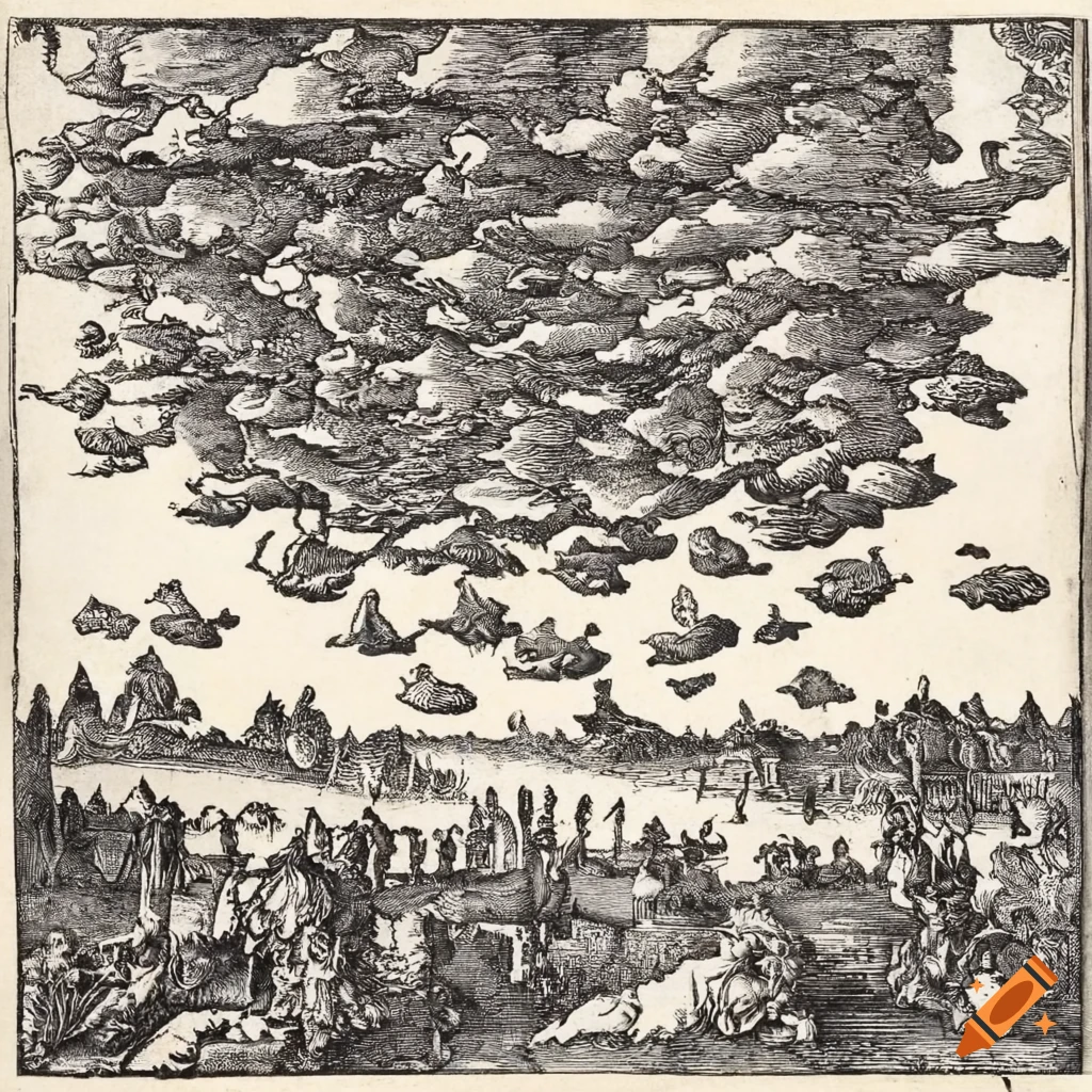 Engraving of flying carpets in the sky on Craiyon