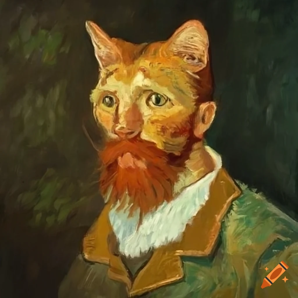Van Gogh-style painting of an orange cat on his shoulder on Craiyon