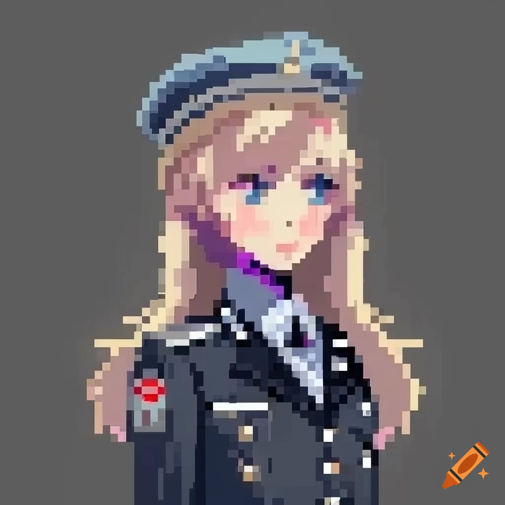 Pixelart of a charming anime girl in a german officer uniform