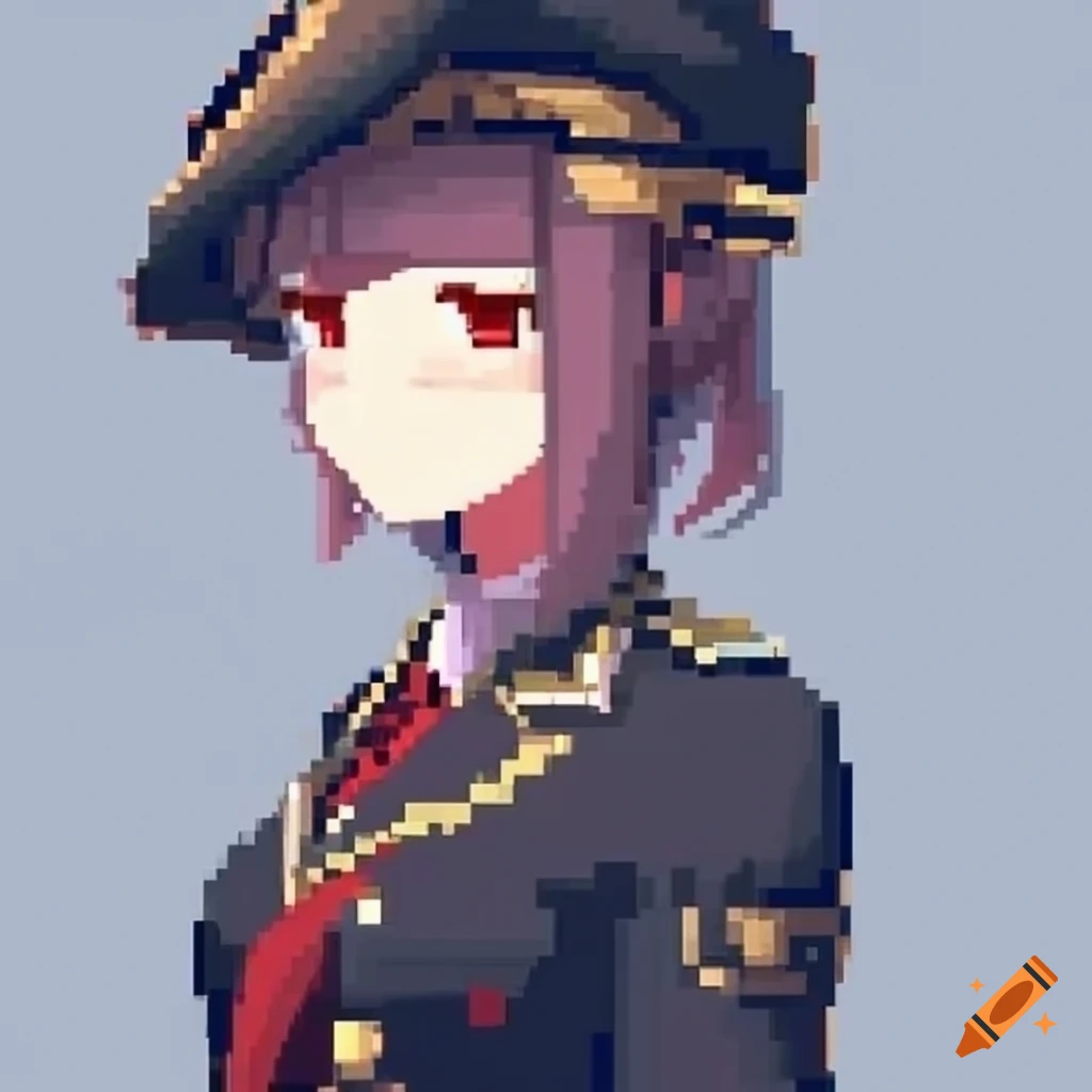 Pixel art of a serious anime girl in a kaiser uniform on Craiyon